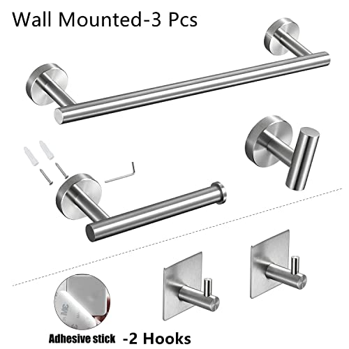 Sagetta Nickel Towel Racks for Bathroom, No-Drill Hooks SUS304 Stainless Steel Bathroom Accessories Kit Includes 16inch Towel Bar,3 Robe Towel Hooks,Toilet Paper Holder (Nickel)