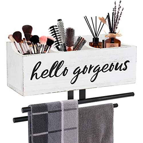 Farmhouse Bathroom Cup Holder,Hair Dryer Holder Wall Mounted, Hair Tools and Styling Organizer with Towel Bar,