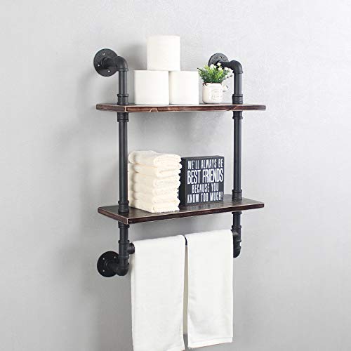 Murtain Industrial Pipe Bathroom Shelves 2-Tier Wall Mounted,19.7 Rustic Shelf with Bath Towel Bars,Farmhouse Rack,Metal & Wooden Floating Shelves,Over The Toilet Storage Shelf,Vintage Black
