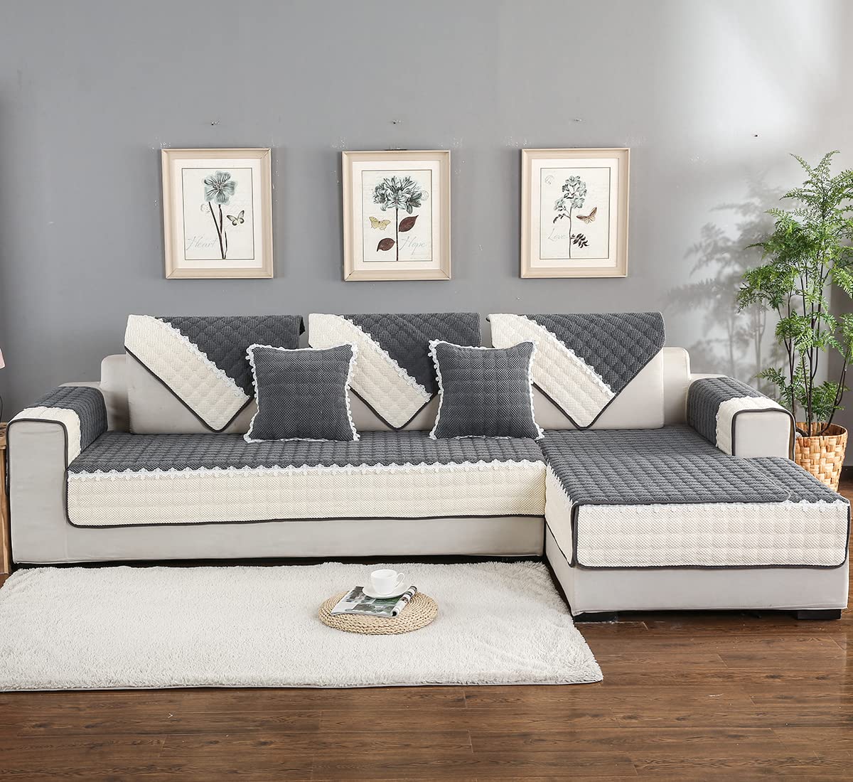 vctops Soft Corduroy Sofa Couch Cover, Plaid Sectional Couch Covers, Non-Slip Sofa Slipcover for Dogs Cats Kids(Dark Grey,36"x63")
