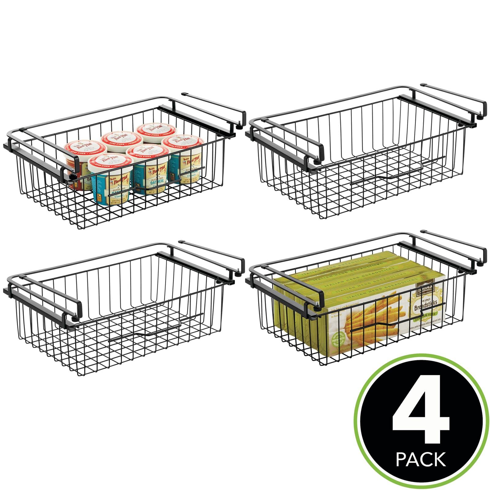 mDesign Large Metal Wire Hanging Pullout Drawer Basket - Sliding Under Shelf Storage Organizer - Attaches to Shelving - Easy Install - 4 Pack - Black
