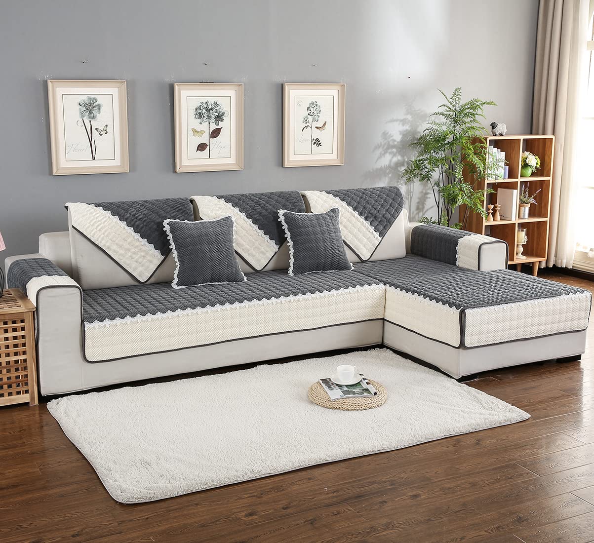 vctops Soft Corduroy Sofa Couch Cover, Plaid Sectional Couch Covers, Non-Slip Sofa Slipcover for Dogs Cats Kids(Dark Grey,36"x63")