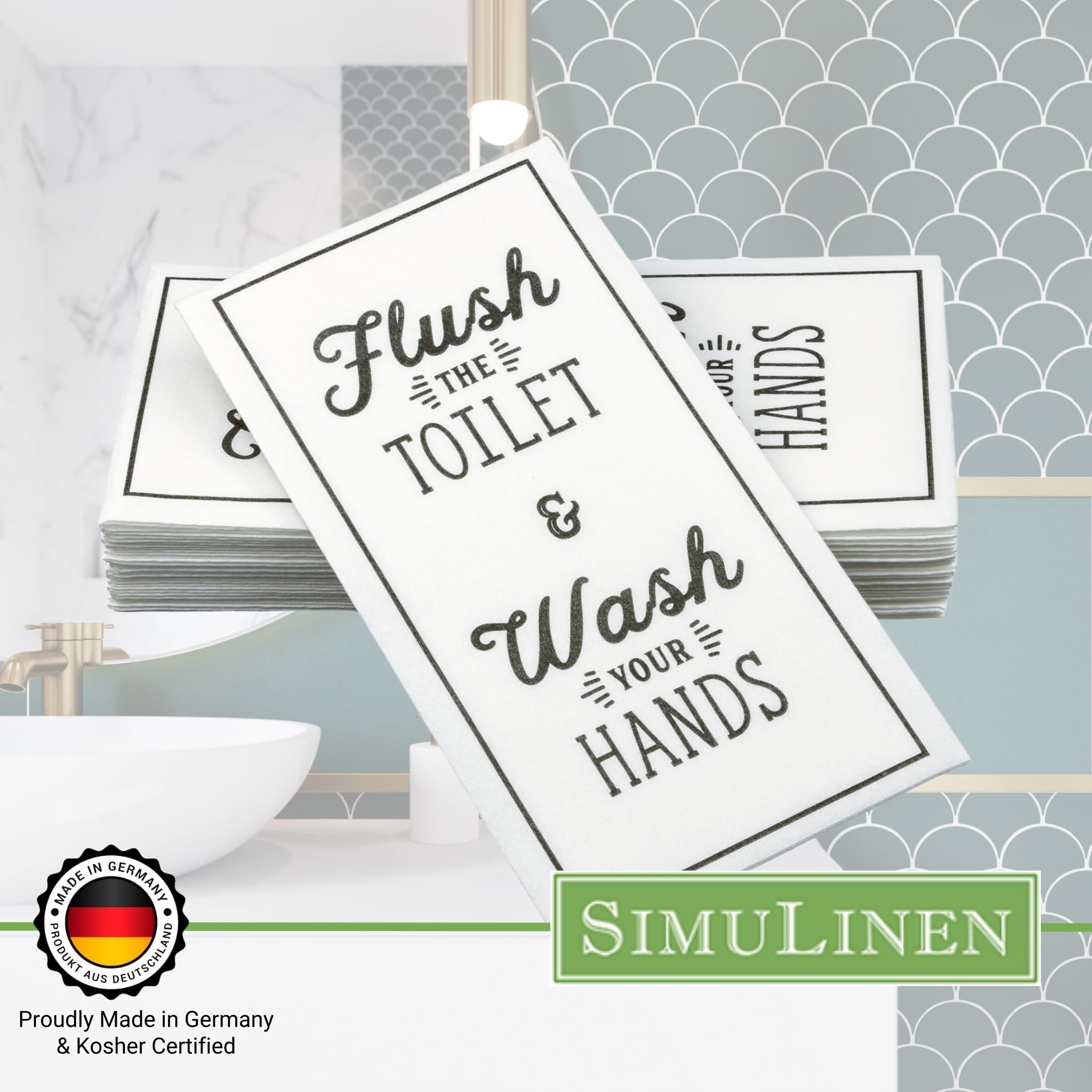 Wash Your Hands, Cheeky Disposable Guest Hand Towels for Bathrooms –- Linen-Feel Paper Towels, Cloth-Like Texture, Single-Use - Size: 12x17” Unfolded & 8.5x4” Folded 25ct By SimuLinen