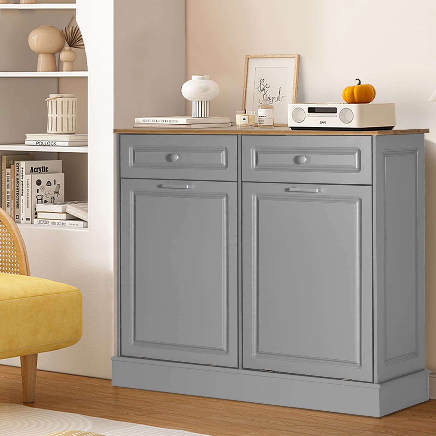 Anbuy Double Kitchen Trash Cabinets Dual Tilt Out Trash Cabinet with Two Solid Wood Hideaway Trash Holder Drawers, Free Standing Recycling Cabinet Trash Can Holder (Dual Gray)