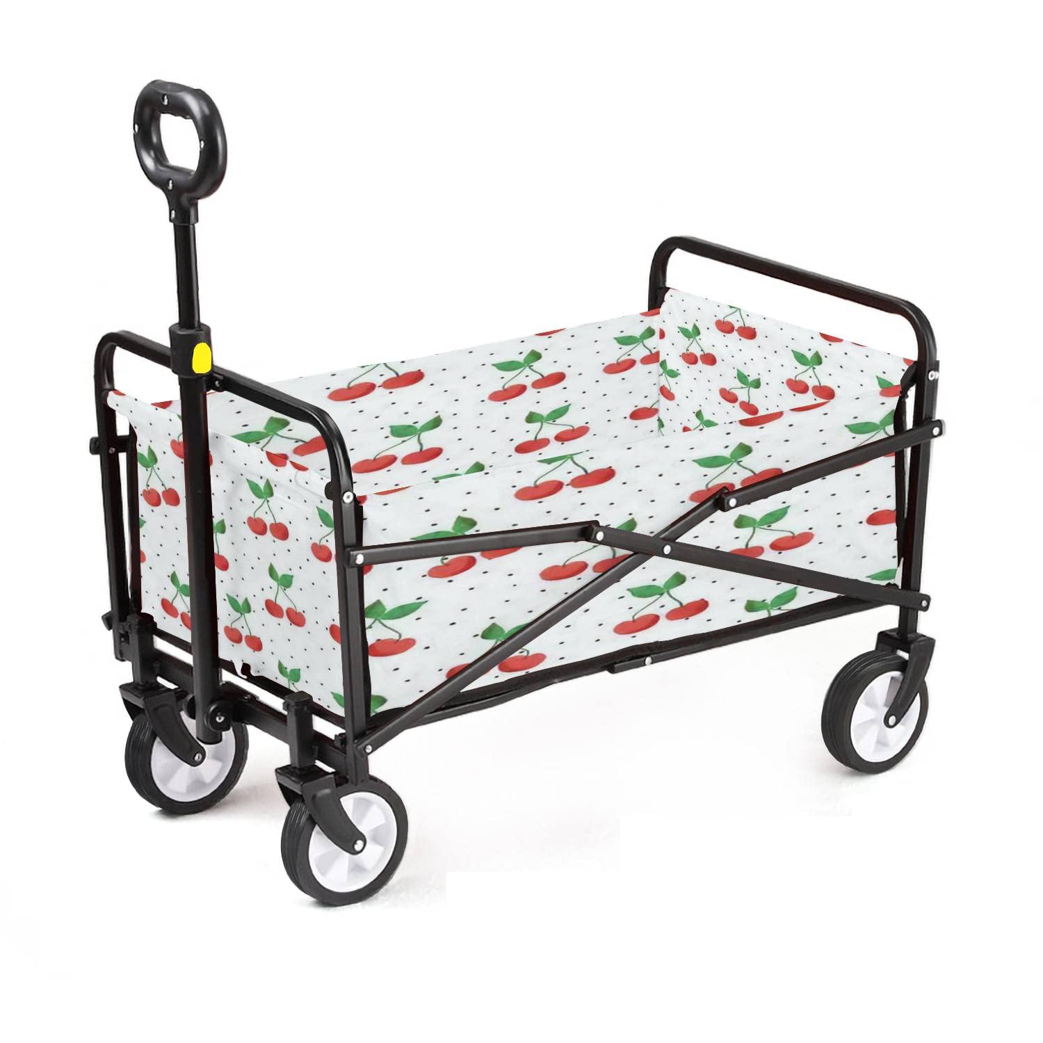 Collapsible Wagon Cart Cherry Seamless Hand Drawn Cherries on Dotted Black and White Painted Foldable Utility Wagon Large Capacity Garden Cart with Push Bar for Beach Camp Outdoor Shopping