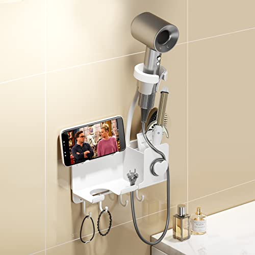susimond Hair Dryer Holder Wall Mounted, Upgraded Hands-Free Blow Dryer Holder with Phone Holder and Hooks, Wall Mount Bathroom Hot Tool Organizer for Hair Drver, Curling Wand, Straightener