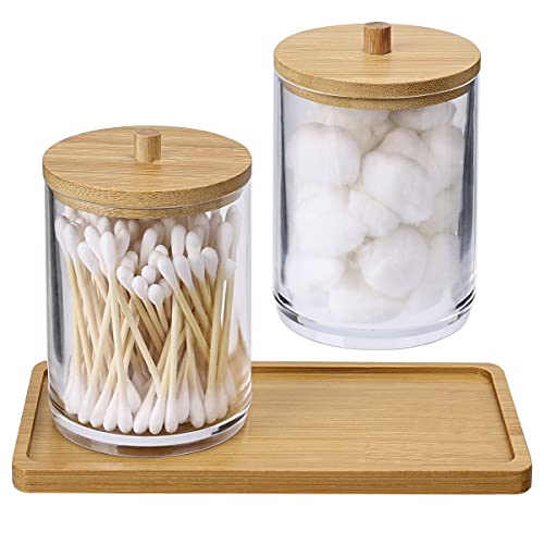 2Pack Acrylic Qtip Holder Dispenser and 1 Bamboo Tray, 10oz Bathroom Canisters Set, Apothecary Jars Qtip Holder Bathroom for Cotton Ball, Cotton Swab,Q-Tips Accessories Storage Organizer