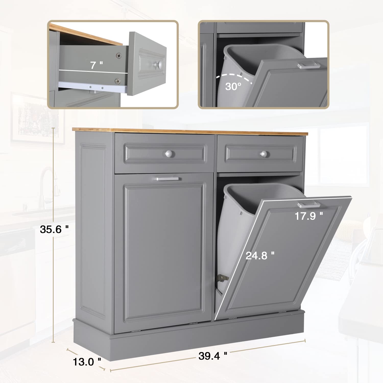Anbuy Double Kitchen Trash Cabinets Dual Tilt Out Trash Cabinet with Two Solid Wood Hideaway Trash Holder Drawers, Free Standing Recycling Cabinet Trash Can Holder (Dual Gray)