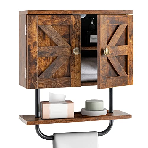 LOKO Bathroom Wall Cabinet, Space Saver Medicine Cabinet with 2 Doors, Storage Shelves & Towel Bar, Wall Mounted Towel Cabinet for Bathroom, Kitchen, Entryway (Rustic Brown)