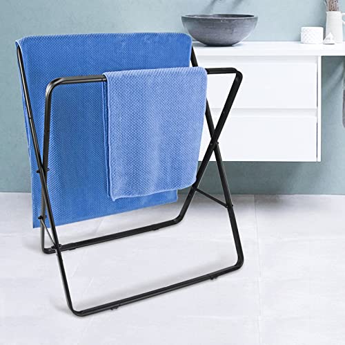 Qflushor Standing Towel Rack, 2-Tier Bathroom Towel Rack Stand Foldable, Outdoor Towel Rack Free Standing Metal for Bath Towel, Hand Towel, Blanket, Matte Black