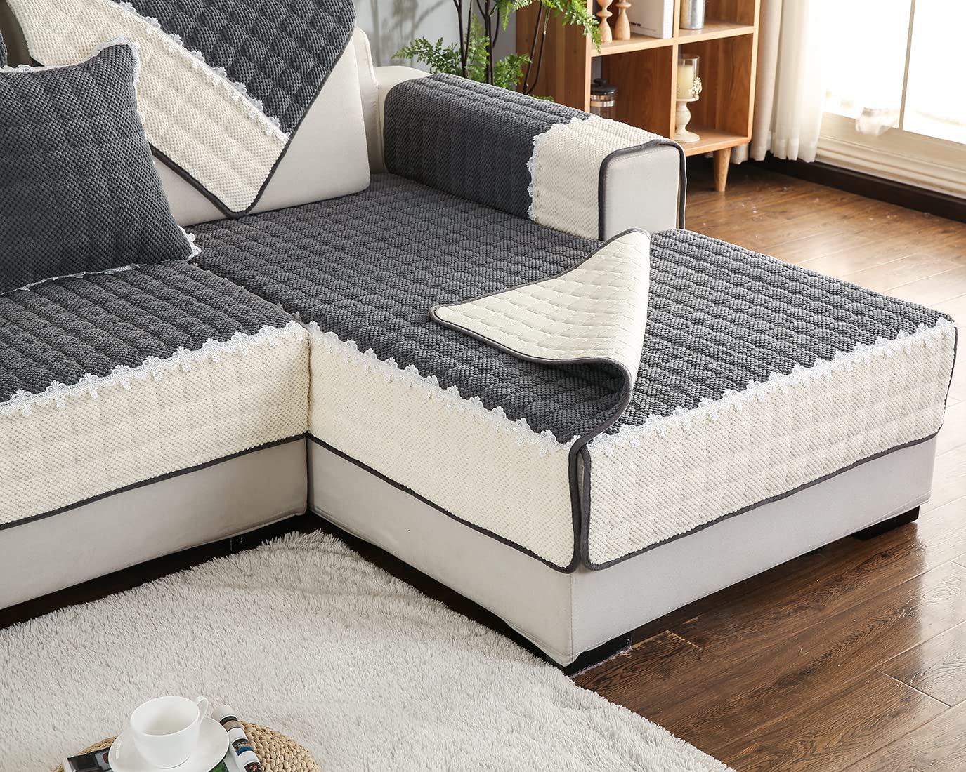 vctops Soft Corduroy Sofa Couch Cover, Plaid Sectional Couch Covers, Non-Slip Sofa Slipcover for Dogs Cats Kids(Dark Grey,36"x63")