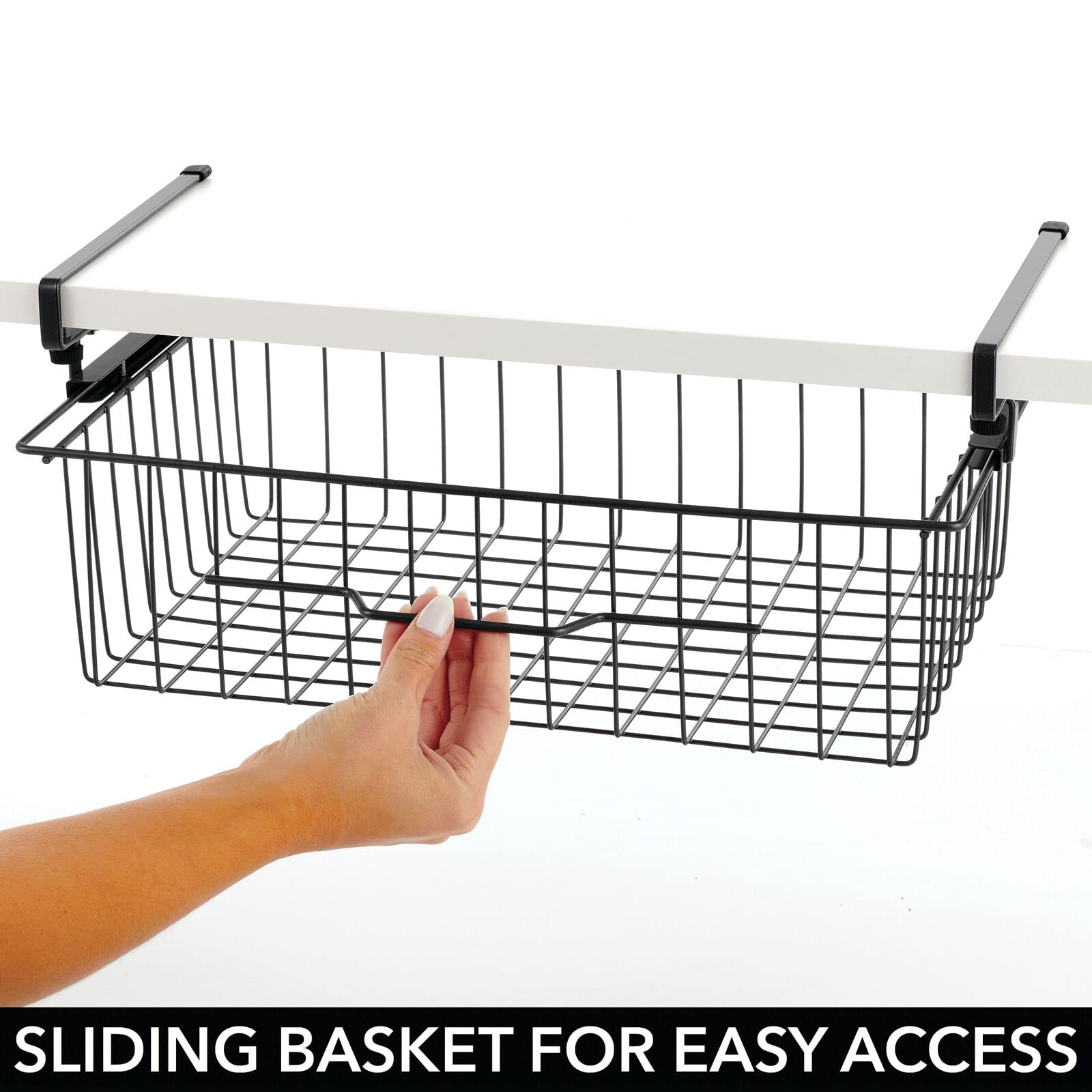mDesign Large Metal Wire Hanging Pullout Drawer Basket - Sliding Under Shelf Storage Organizer - Attaches to Shelving - Easy Install - 4 Pack - Black