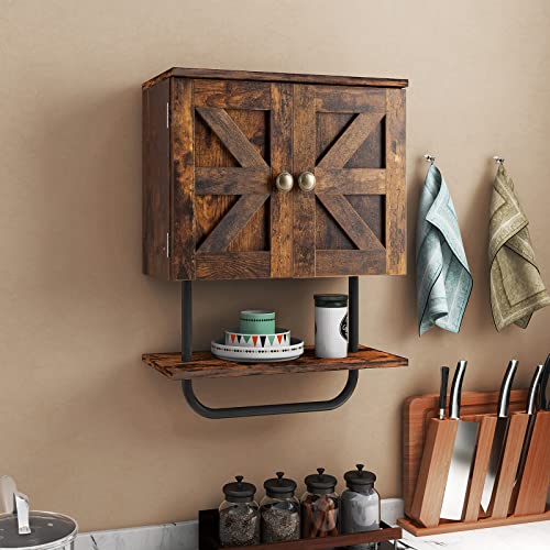 LOKO Bathroom Wall Cabinet, Space Saver Medicine Cabinet with 2 Doors, Storage Shelves & Towel Bar, Wall Mounted Towel Cabinet for Bathroom, Kitchen, Entryway (Rustic Brown)