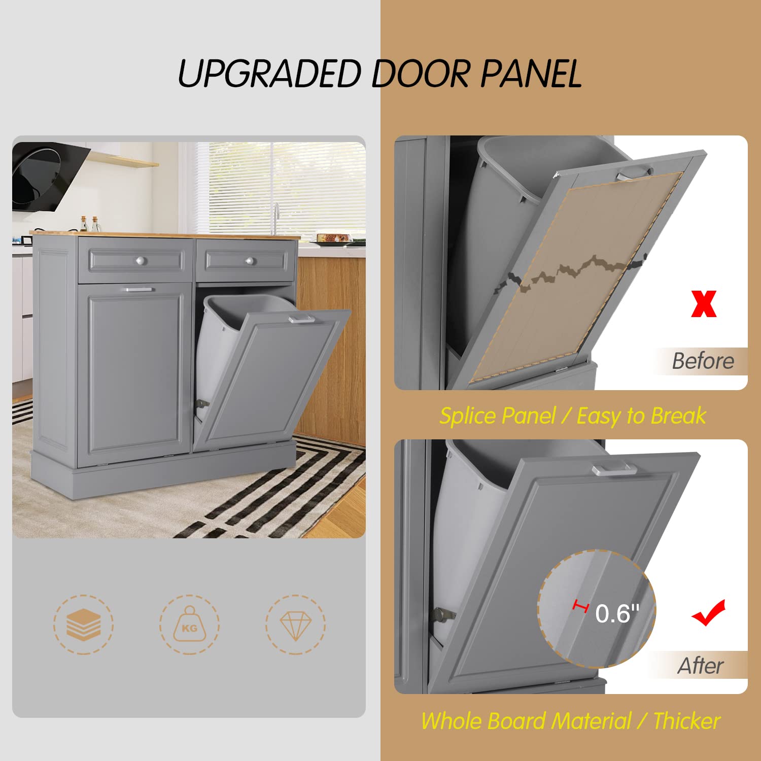 Anbuy Double Kitchen Trash Cabinets Dual Tilt Out Trash Cabinet with Two Solid Wood Hideaway Trash Holder Drawers, Free Standing Recycling Cabinet Trash Can Holder (Dual Gray)
