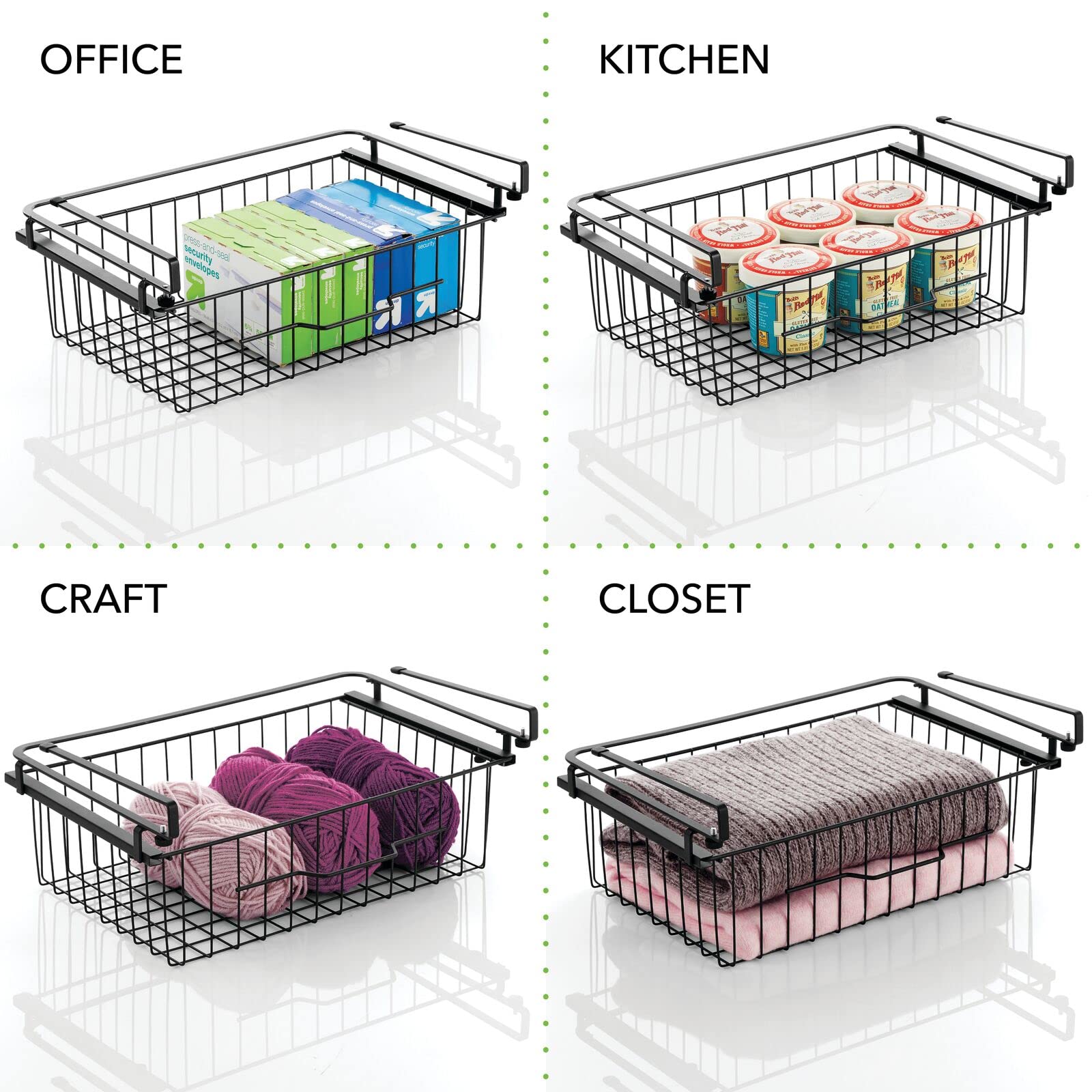 mDesign Large Metal Wire Hanging Pullout Drawer Basket - Sliding Under Shelf Storage Organizer - Attaches to Shelving - Easy Install - 4 Pack - Black