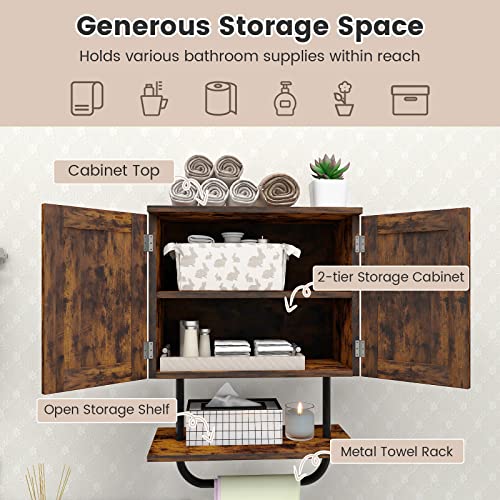 LOKO Bathroom Wall Cabinet, Space Saver Medicine Cabinet with 2 Doors, Storage Shelves & Towel Bar, Wall Mounted Towel Cabinet for Bathroom, Kitchen, Entryway (Rustic Brown)