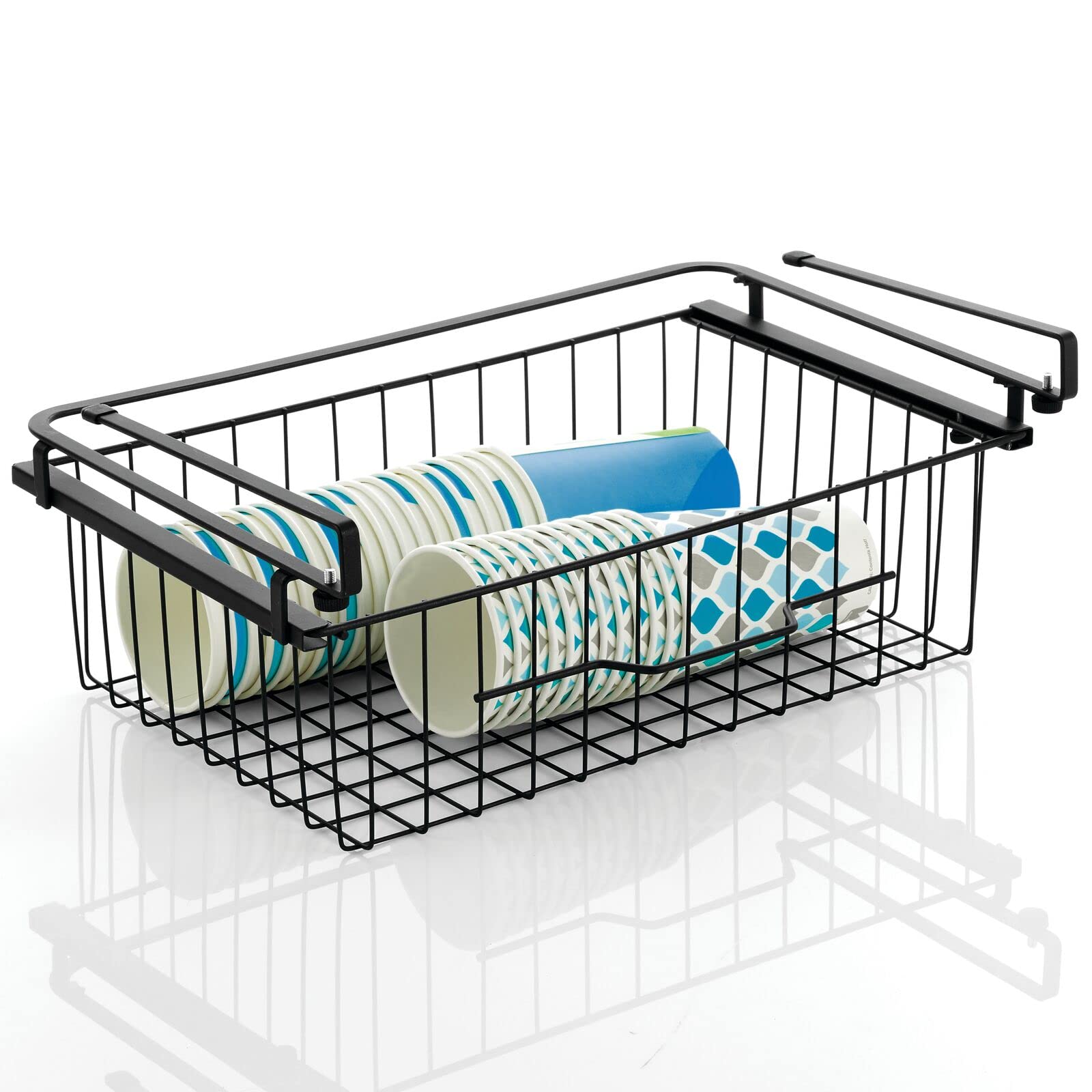 mDesign Large Metal Wire Hanging Pullout Drawer Basket - Sliding Under Shelf Storage Organizer - Attaches to Shelving - Easy Install - 4 Pack - Black