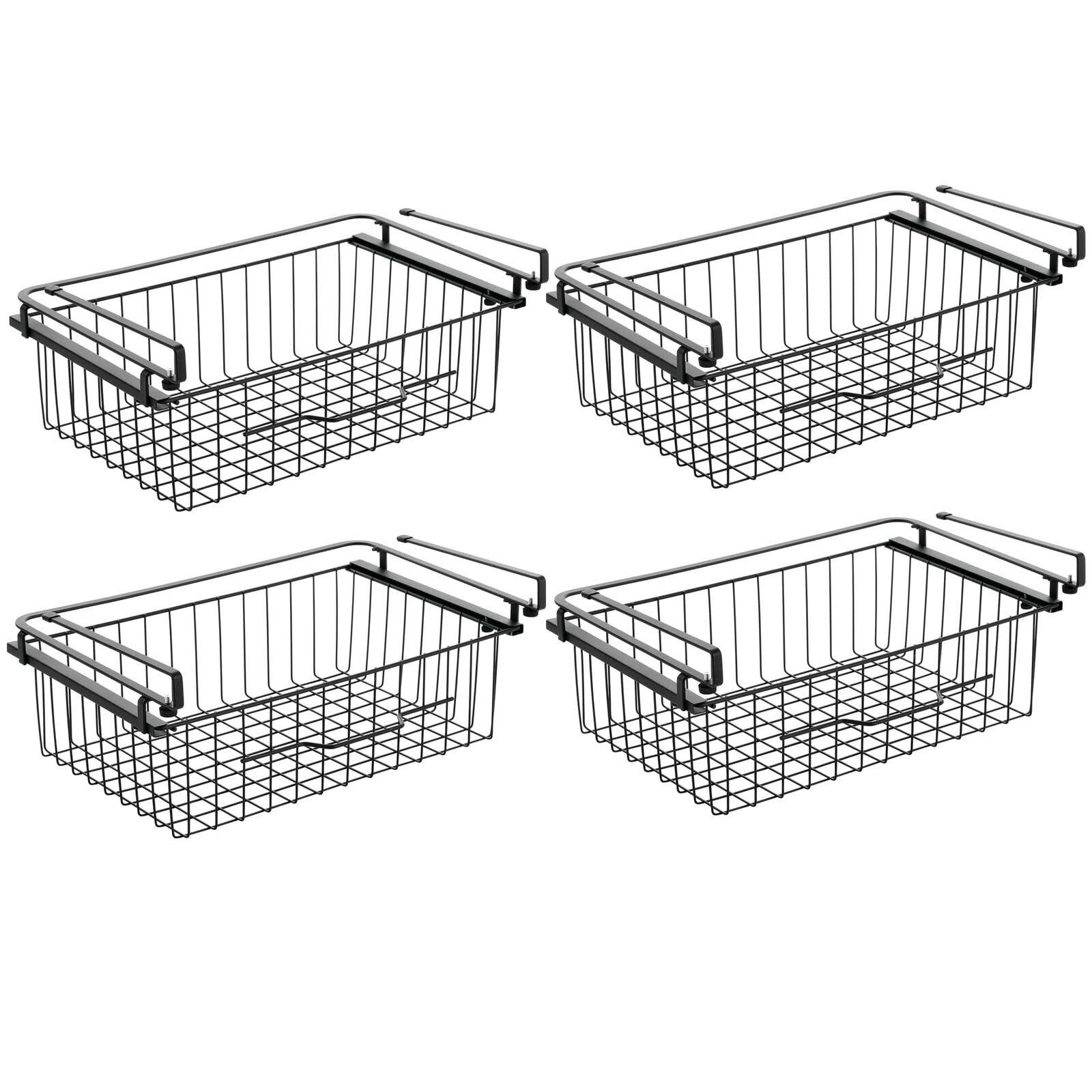 mDesign Large Metal Wire Hanging Pullout Drawer Basket - Sliding Under Shelf Storage Organizer - Attaches to Shelving - Easy Install - 4 Pack - Black