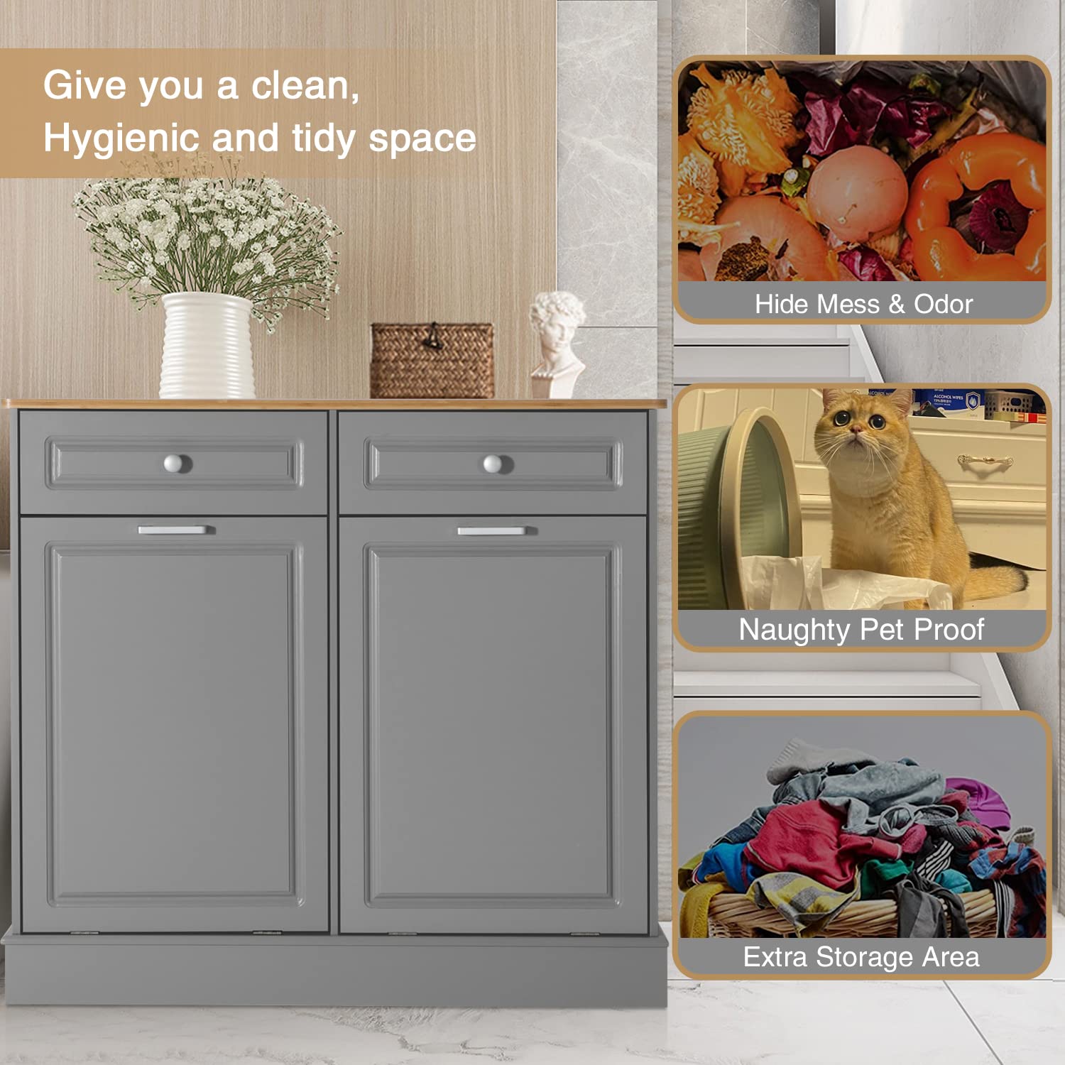 Anbuy Double Kitchen Trash Cabinets Dual Tilt Out Trash Cabinet with Two Solid Wood Hideaway Trash Holder Drawers, Free Standing Recycling Cabinet Trash Can Holder (Dual Gray)