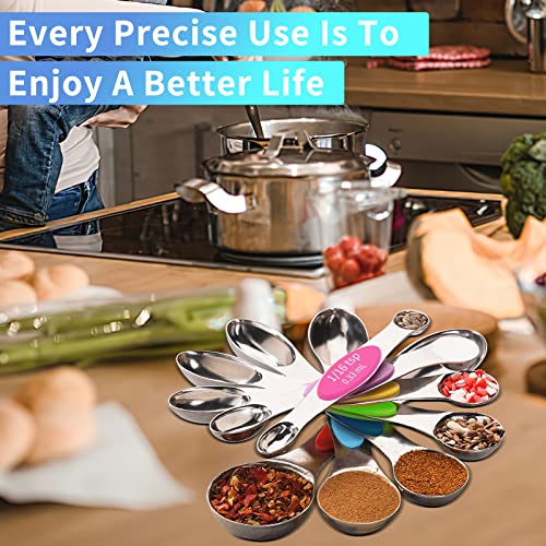 Magnetic Measuring Spoons Set of 9, Dual Sided Stainless Steel Measuring Spoons Set with Leveler, Stackable Teaspoon and Multi-Color Kitchen Gadgets for Baking Measuring, Fits in Spice Jars (9 pcs)