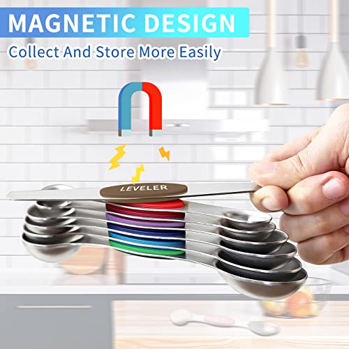 Magnetic Measuring Spoons Set of 9, Dual Sided Stainless Steel Measuring Spoons Set with Leveler, Stackable Teaspoon and Multi-Color Kitchen Gadgets for Baking Measuring, Fits in Spice Jars (9 pcs)