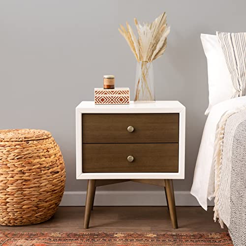 Babyletto Palma 2-Drawer Nightstand with USB Charging Port, Mid-Century, Warm White/Walnut