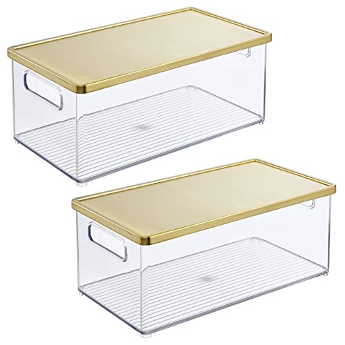 mDesign Plastic Bathroom Storage Organizer Bin - Stackable Box with Handles and Steel Lid - Perfect for Makeup and Medicine Organization - 15" Long - Ligne Collection, 2 Pack, Clear/Soft Brass