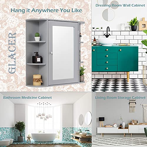GLACER Bathroom Mirror Cabinet, Modern Wall Cabinet with Mirror, Medicine Cabinet with Mirror, Ideal for Bathroom, Dressing Room or Living Room, 26 x 6.5 x 25 inches (Grey)