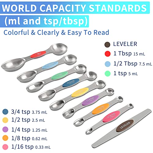 Magnetic Measuring Spoons Set of 9, Dual Sided Stainless Steel Measuring Spoons Set with Leveler, Stackable Teaspoon and Multi-Color Kitchen Gadgets for Baking Measuring, Fits in Spice Jars (9 pcs)