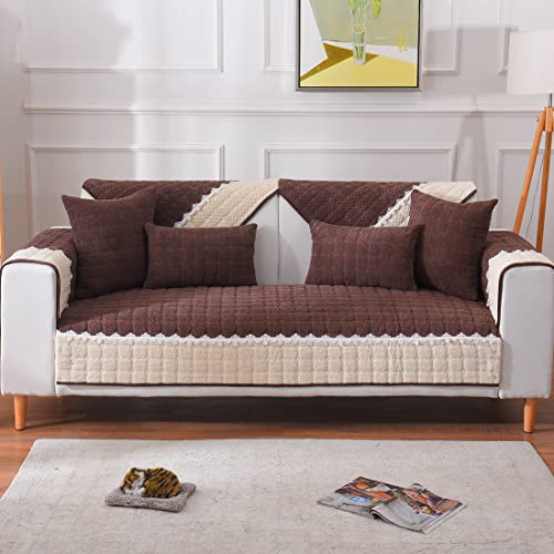 vctops Soft Corduroy Sofa Couch Cover, Plaid Sectional Couch Covers, Non-Slip Sofa Slipcover for Dogs Cats Kids(Brown,43"x70")