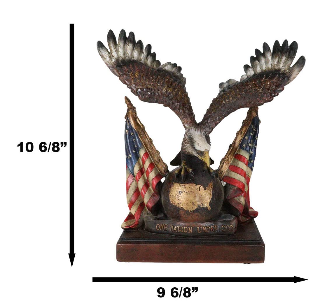 Ebros Gift Patriotic Wings of Glory Bald Eagle Resting On Globe with Map of America and 2 Star Spangled Banner Flags Figurine with Trophy Base One Nation Under God American Symbolic Statue