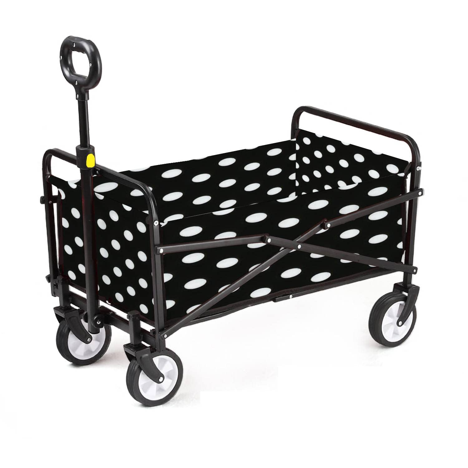 Collapsible Wagon Cart Black and White Polka Dot Foldable Utility Wagon Large Capacity Garden Cart with Push Bar for Beach Camp Outdoor Shopping