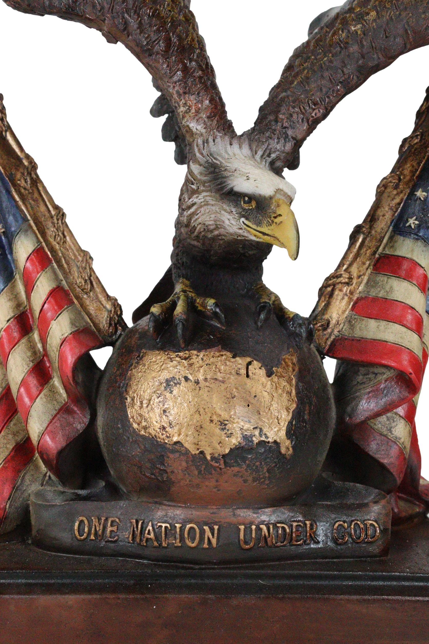 Ebros Gift Patriotic Wings of Glory Bald Eagle Resting On Globe with Map of America and 2 Star Spangled Banner Flags Figurine with Trophy Base One Nation Under God American Symbolic Statue