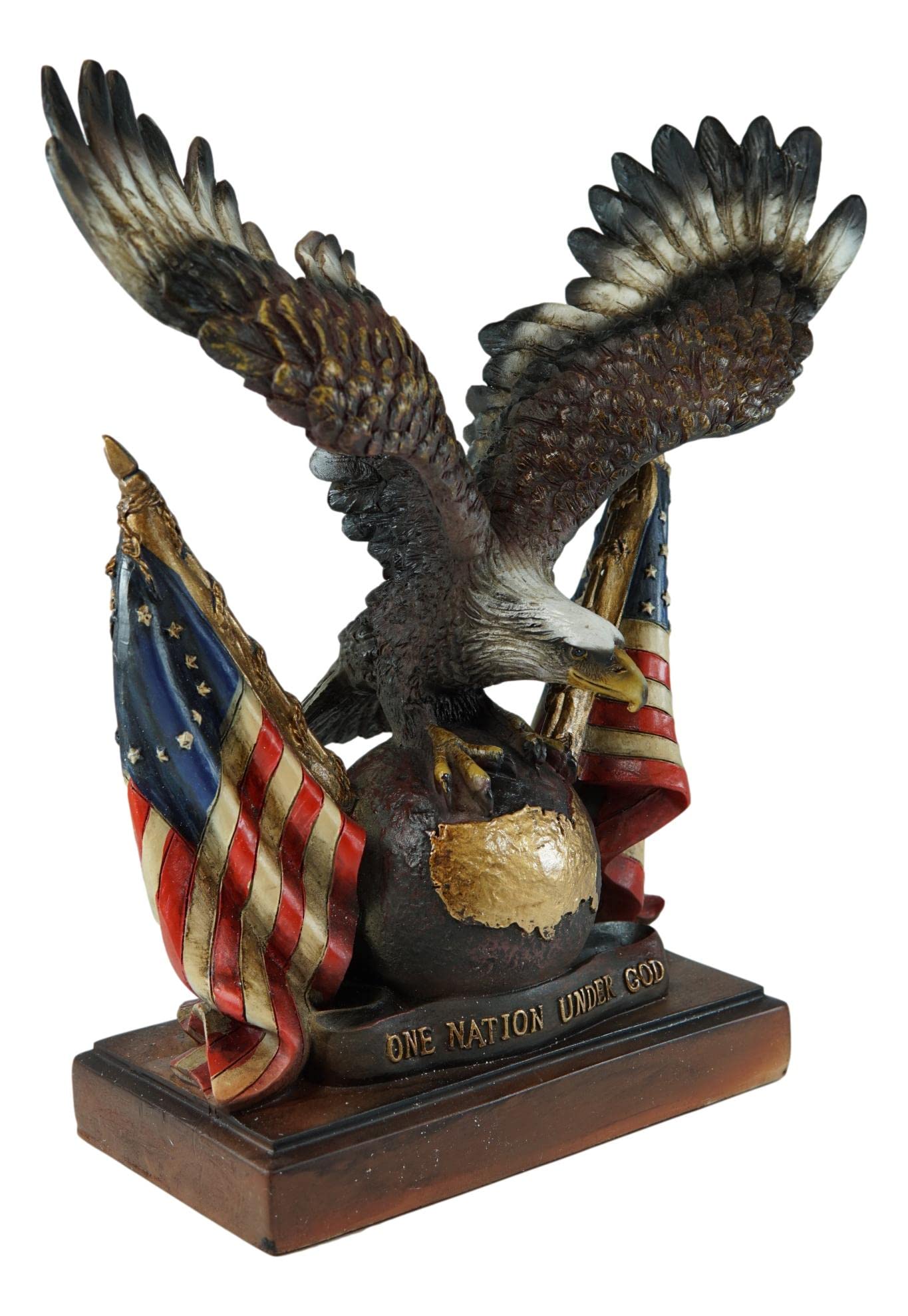 Ebros Gift Patriotic Wings of Glory Bald Eagle Resting On Globe with Map of America and 2 Star Spangled Banner Flags Figurine with Trophy Base One Nation Under God American Symbolic Statue