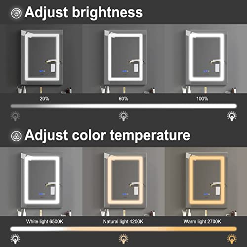 LADEED 26 x 20 Inch Led Medicine Cabinet Outlet, Lighted Medicine Cabinets for Bathroom with Mirror, Recessed or Surface Wall Mounted, Defogger, Dimmer, Glass Door Cabinet with Single Door