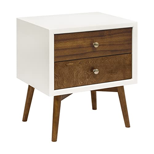Babyletto Palma 2-Drawer Nightstand with USB Charging Port, Mid-Century, Warm White/Walnut