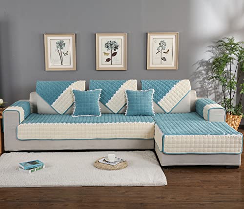 vctops Soft Corduroy Sofa Couch Cover, Plaid Sectional Couch Covers, Non-Slip Sofa Slipcover for Dogs Cats Kids(Blue,36"x36")