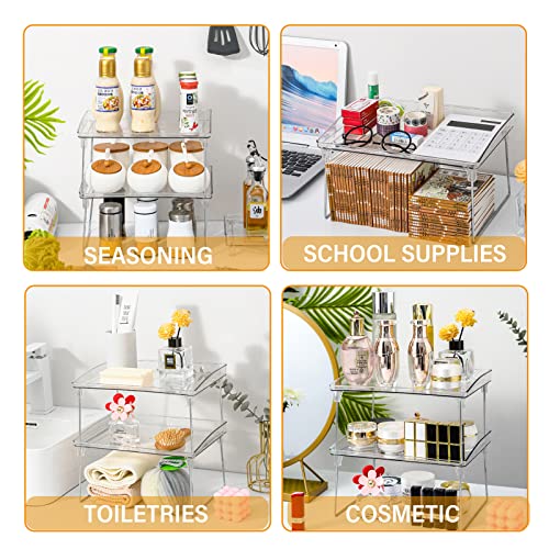 2 Tier Bathroom Countertop Organizer, Folding Stackable Clear Counter Standing Rack Cosmetic Holder Bathroom Counter Shelf Bathroom Trays for Counter Vanity Organizers and Storage Countertop Organizer