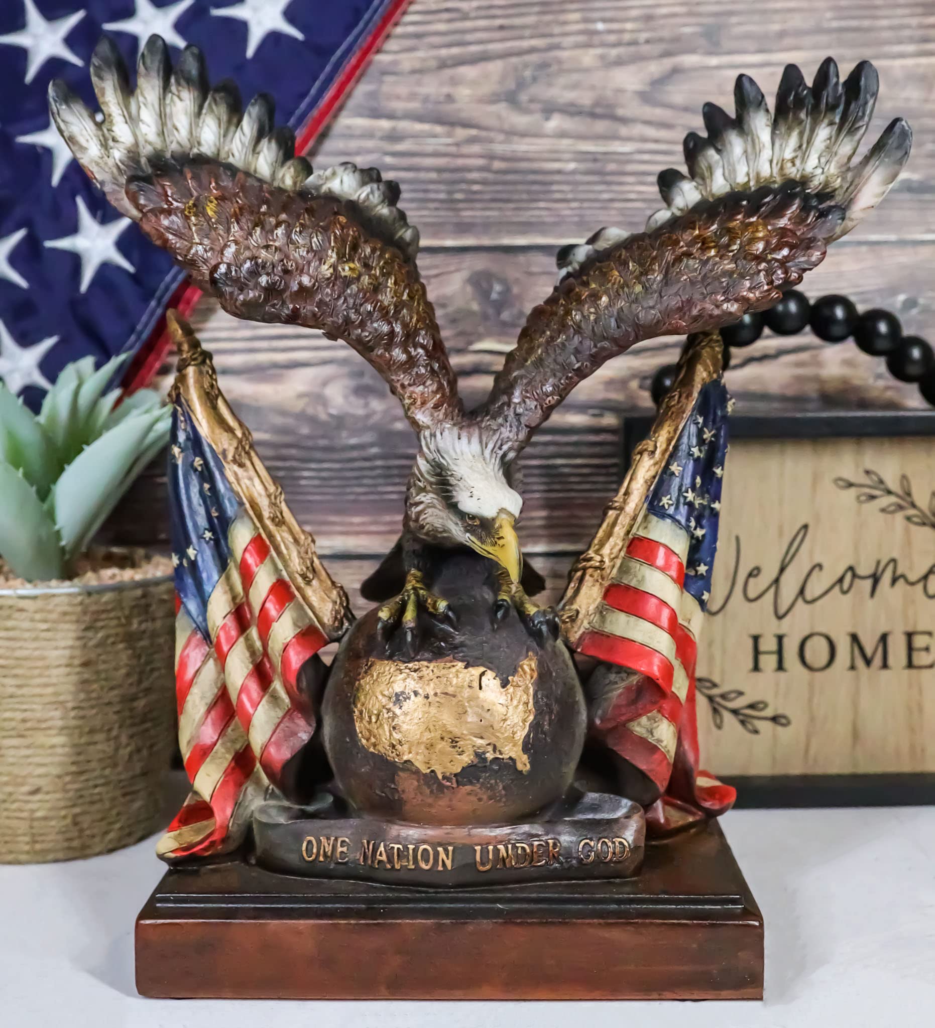 Ebros Gift Patriotic Wings of Glory Bald Eagle Resting On Globe with Map of America and 2 Star Spangled Banner Flags Figurine with Trophy Base One Nation Under God American Symbolic Statue