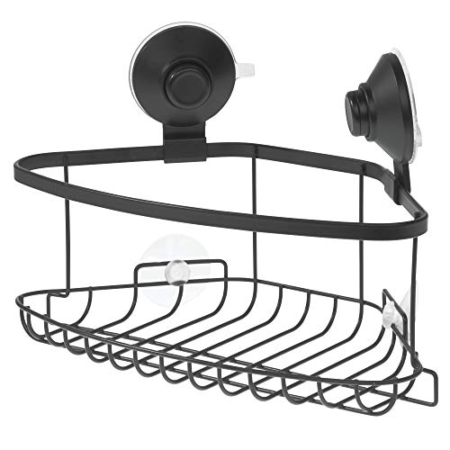 iDesign Everett Metal Push Lock Suction Corner Shower Caddy, Extra Space for Shampoo, Conditioner, and Soap with Hooks for Razors, Towels, Loofahs, and More, 5.58" x 10.58" x 6.67", Matte Black