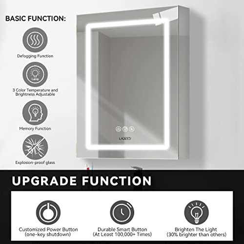 LADEED 26 x 20 Inch Led Medicine Cabinet Outlet, Lighted Medicine Cabinets for Bathroom with Mirror, Recessed or Surface Wall Mounted, Defogger, Dimmer, Glass Door Cabinet with Single Door