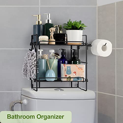 SHINOSKE Over The Toilet Storage, 2 Tier Bathroom Organizer Shelves Over Toilet and Wall Mounted Design, No Drilling Needed to Save Space, with Hook and Paper Holder(Black)
