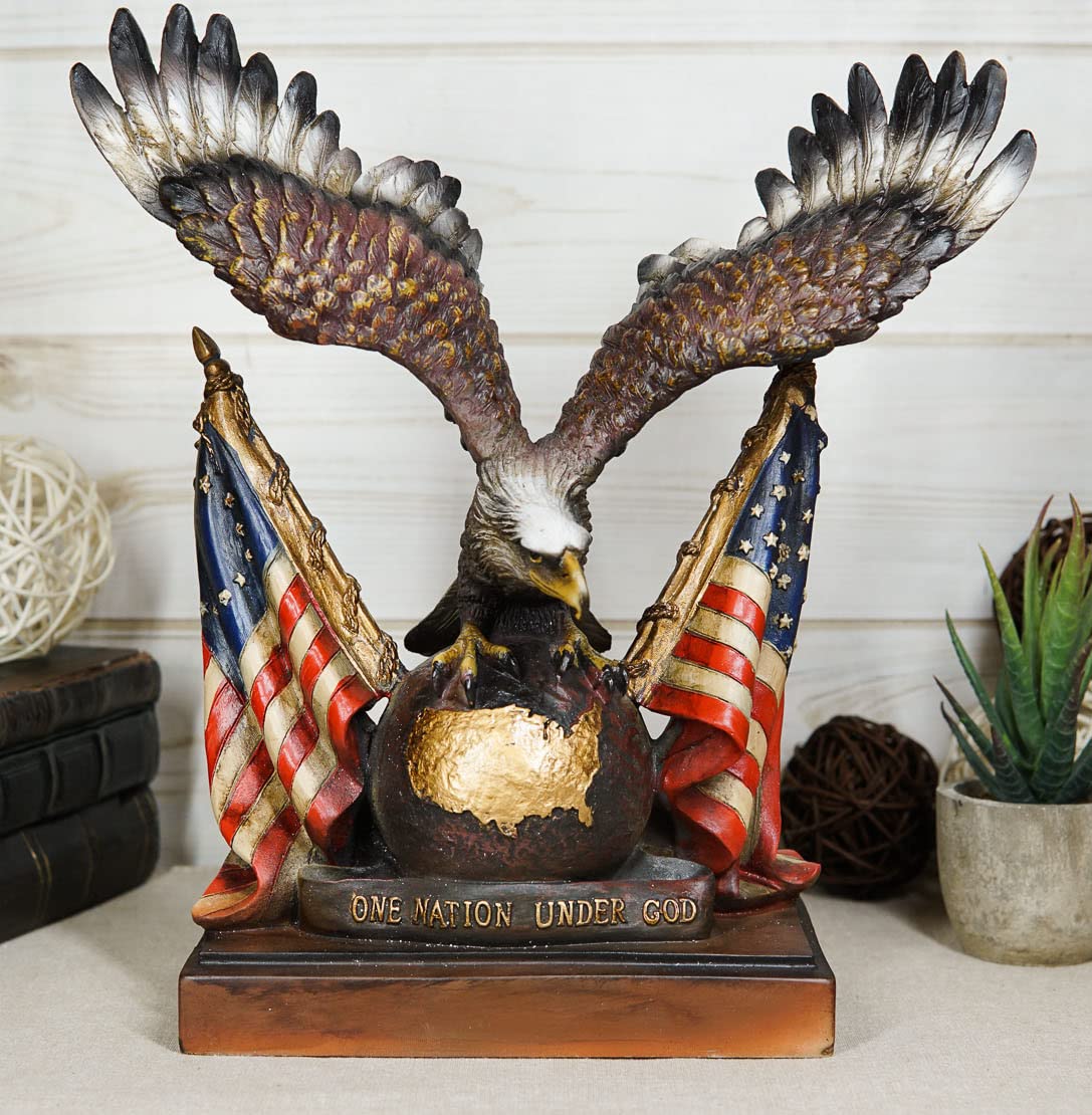 Ebros Gift Patriotic Wings of Glory Bald Eagle Resting On Globe with Map of America and 2 Star Spangled Banner Flags Figurine with Trophy Base One Nation Under God American Symbolic Statue