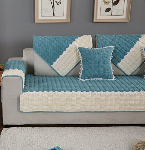 vctops Soft Corduroy Sofa Couch Cover, Plaid Sectional Couch Covers, Non-Slip Sofa Slipcover for Dogs Cats Kids(Blue,36"x36")