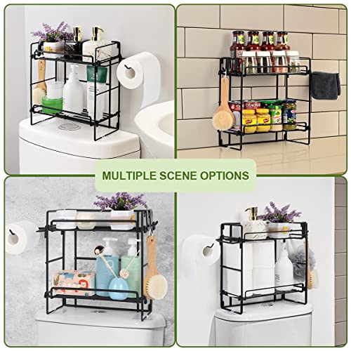 SHINOSKE Over The Toilet Storage, 2 Tier Bathroom Organizer Shelves Over Toilet and Wall Mounted Design, No Drilling Needed to Save Space, with Hook and Paper Holder(Black)