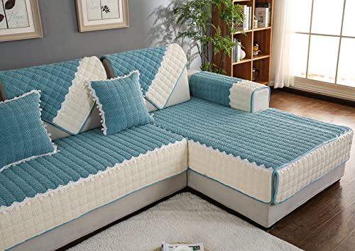 vctops Soft Corduroy Sofa Couch Cover, Plaid Sectional Couch Covers, Non-Slip Sofa Slipcover for Dogs Cats Kids(Blue,36"x36")