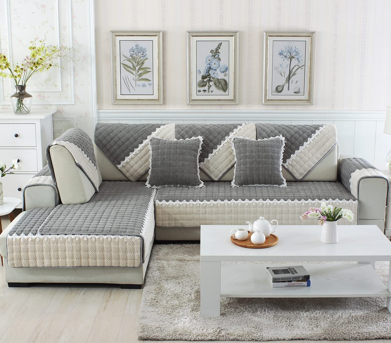 vctops Soft Corduroy Sofa Couch Cover, Plaid Sectional Couch Covers, Non-Slip Sofa Slipcover for Dogs Cats Kids(Light Grey,28"x28")