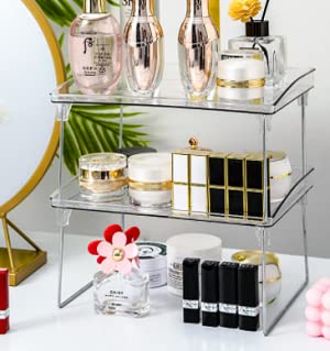 2 Tier Bathroom Countertop Organizer, Folding Stackable Clear Counter Standing Rack Cosmetic Holder Bathroom Counter Shelf Bathroom Trays for Counter Vanity Organizers and Storage Countertop Organizer