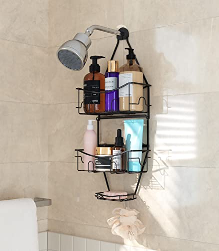 TARNABY Hanging Shower Caddy, Over Shower Head Rustproof Shower Organizer with Hooks for Razor and Bath Ball Brush (Black)