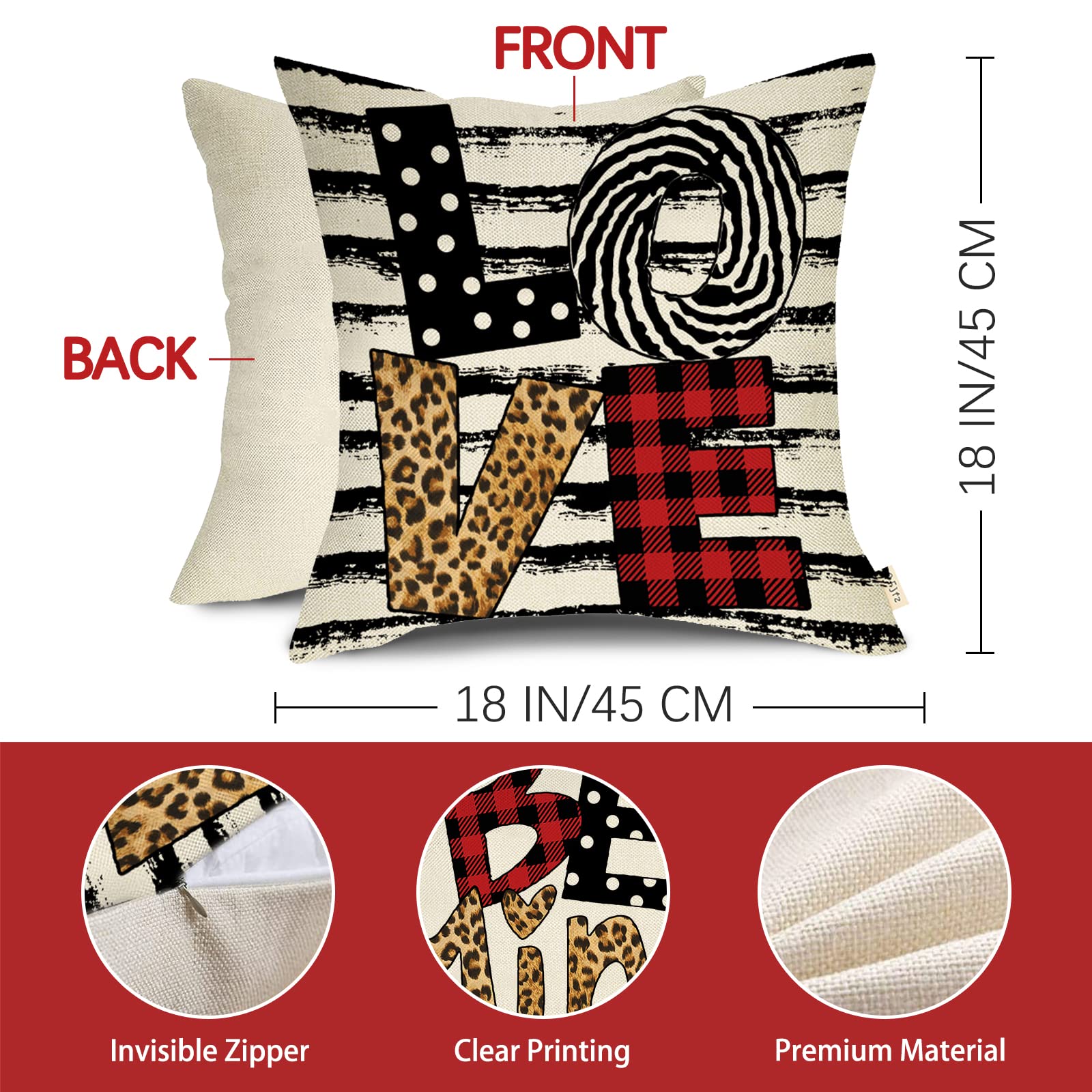 Fjfz Valentine's Day Decorative Throw Pillow Cover 18x18 Set of 4, Be Mine Love Leopard Red Buffalo Plaid Check Black Polka Dot Striped Anniversary Wedding Home Decor Farmhouse Cushion Case for Couch